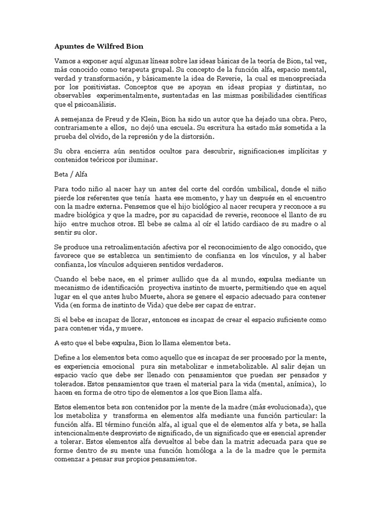 Teoría de Bion: Función Alfa y Reverie | PDF | Verdad | Mente