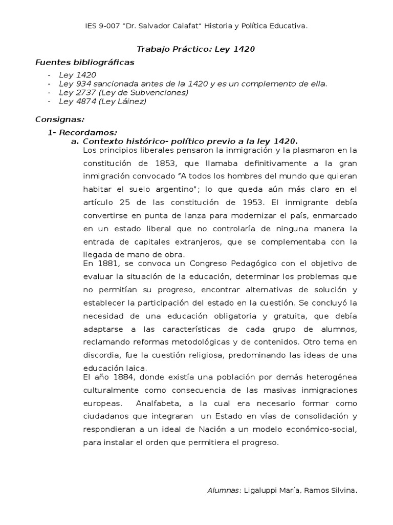 Análisis Ley 1420 | PDF | Educación primaria | Inmigración