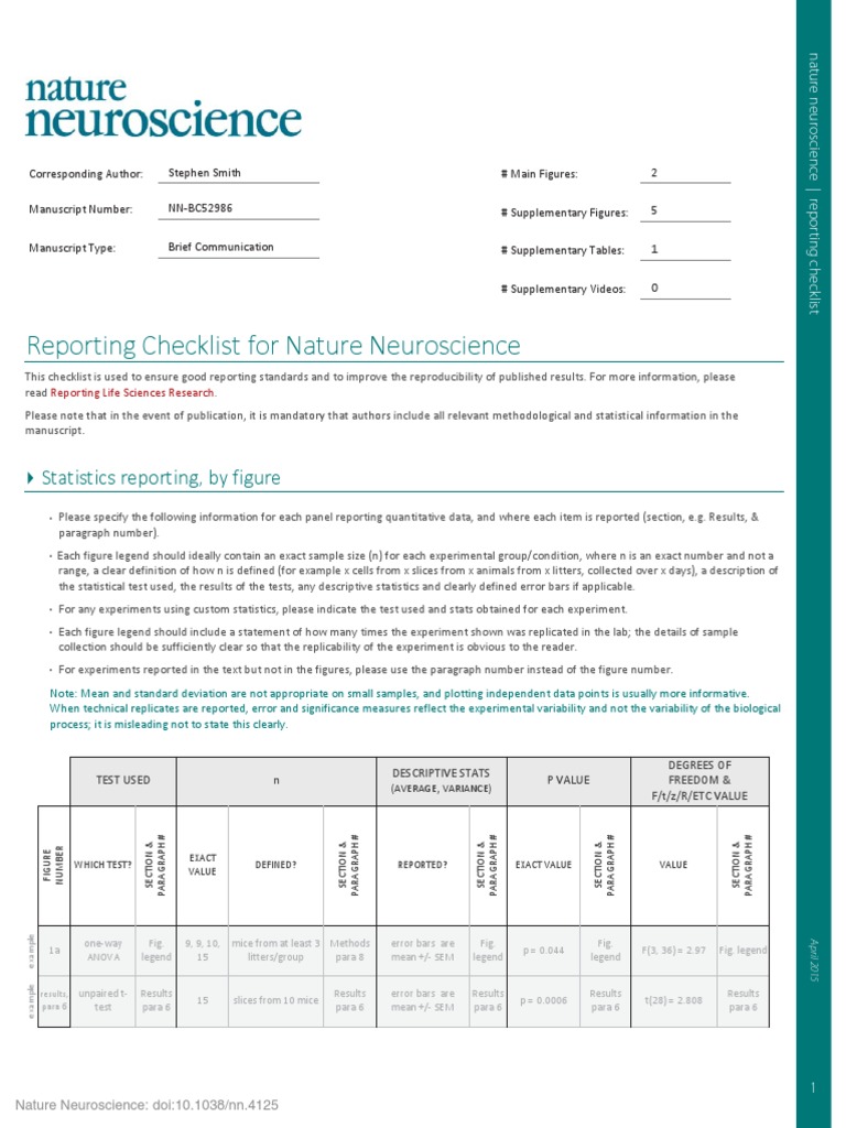 Reporting Checklist For Nature Neuroscience: Statistics Reporting, by ...