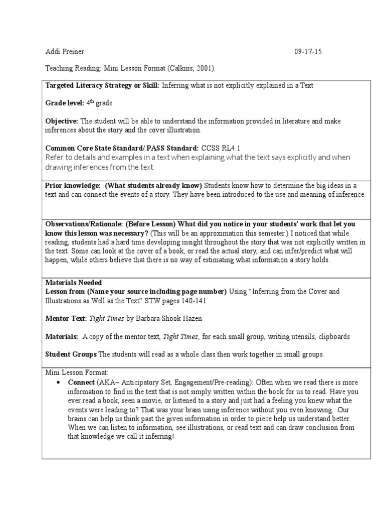 4th Grade Inference Skills Lesson | PDF | Reading (Process) | Inference