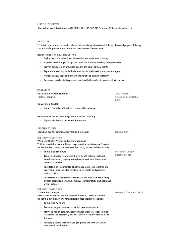 Cassie Souter Kinesiology Resume | PDF | Physical Exercise | Physical Fitness