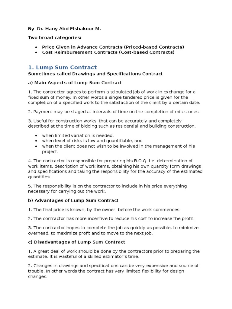 Lump Sum Contract | Download Free PDF | General Contractor | Prices