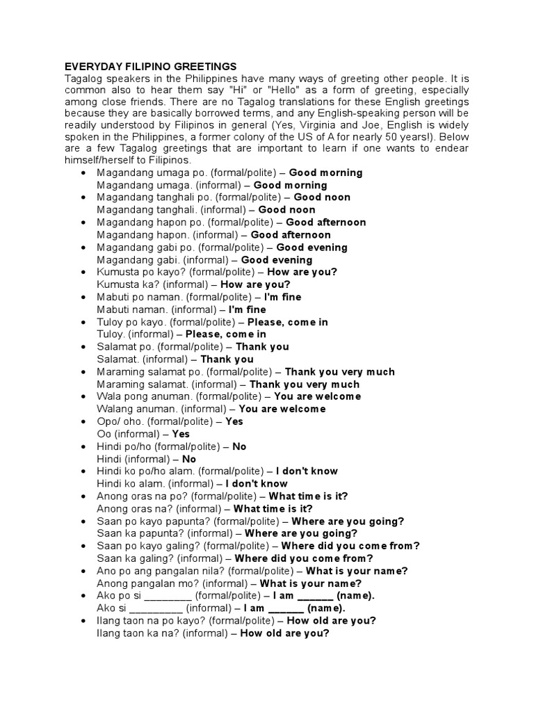 Everyday Filipino Greetings | PDF | Tagalog Language | Languages Of ...