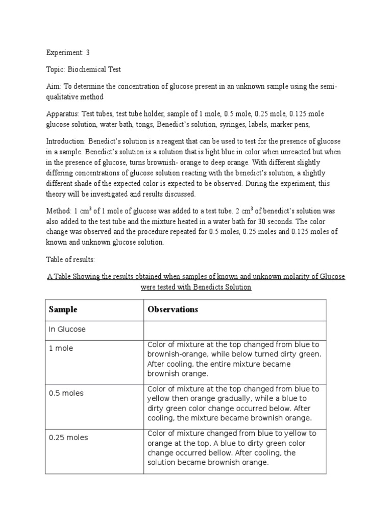 Biochemical Test for Glucose Concentration | PDF