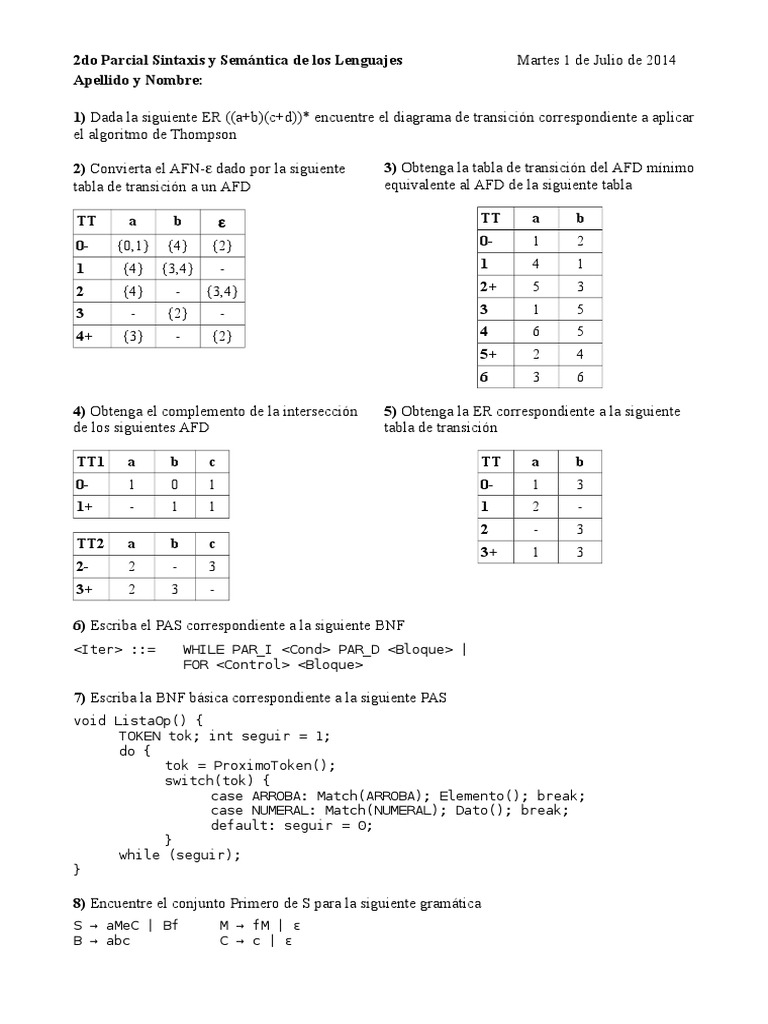Examen Sintaxis y Semántica 2014 | PDF | Matemáticas Aplicadas | Algoritmos