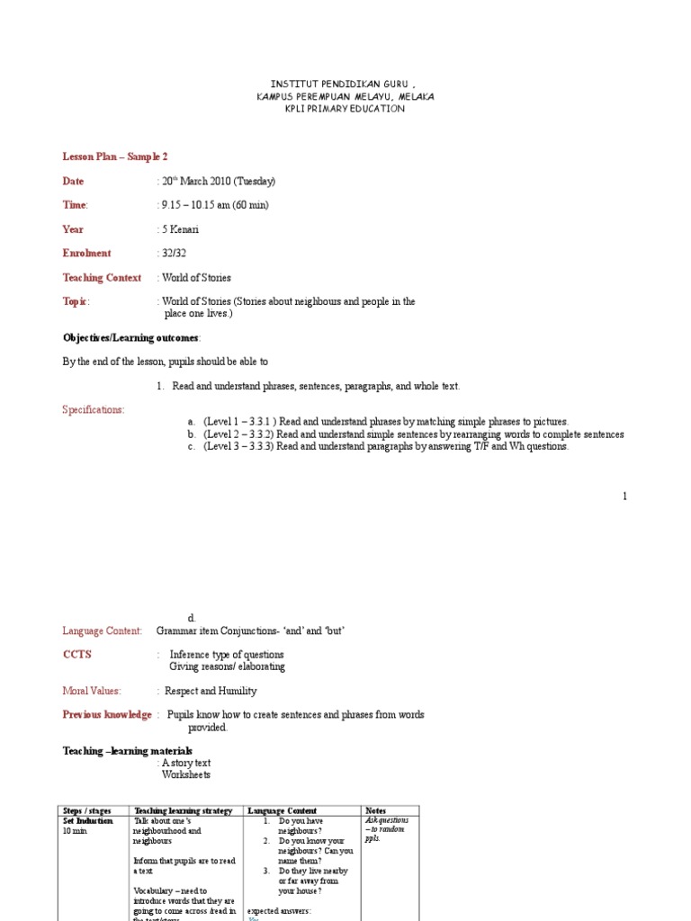 Lesson Plan - Sample 2 Date Time Year Enrolment Teaching Context Topic ...