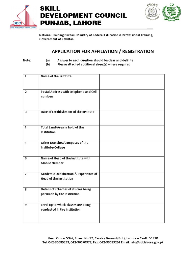 Affiliation Form SDC Lahore | Further Education | Business