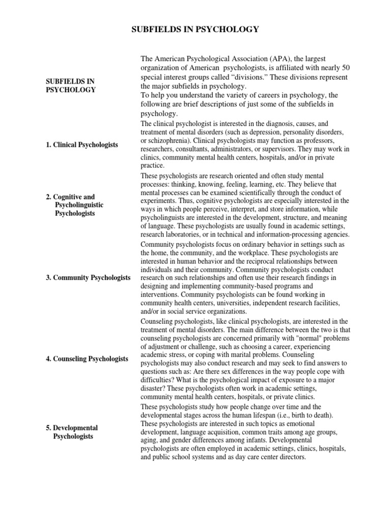 Subfields in Psychology | PDF | Clinical Psychology | Psychology