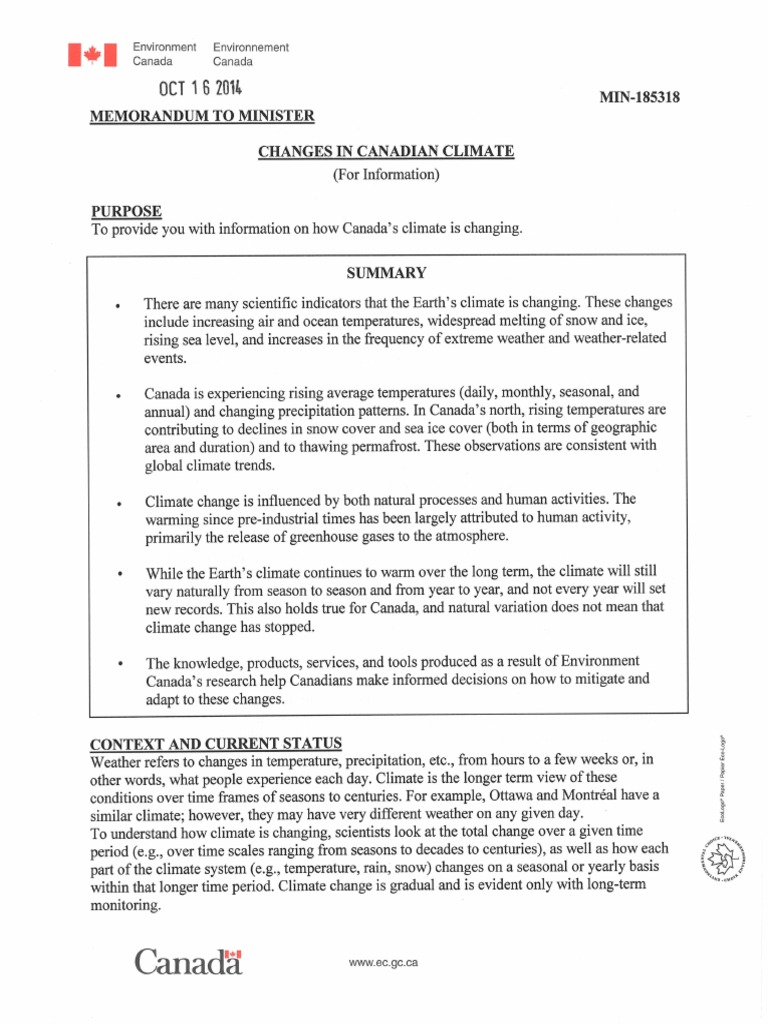 Aglukkaq Climate Memo | PDF
