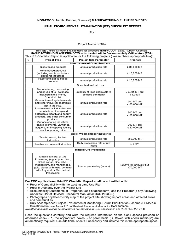 IEE Checklist for Textile & Chemical Plants | PDF | Environmental ...