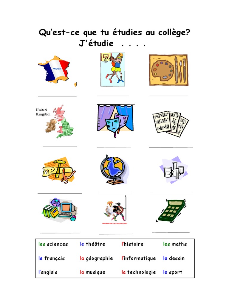 French School Subjects Worksheet | PDF