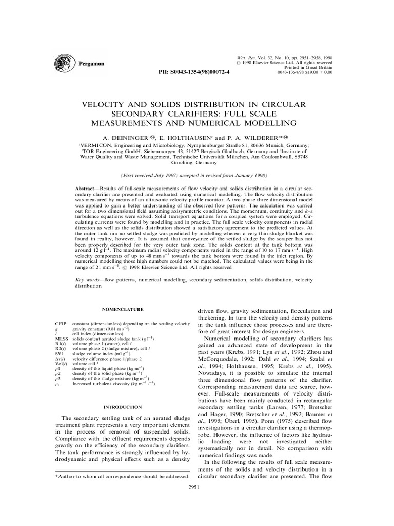 Velocity and Solids Distribution in Circular Secondary Clarifiers Full Scale Measurements and ...