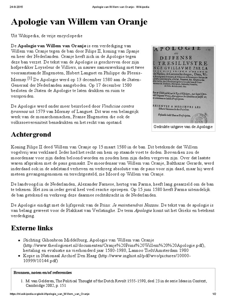 Apologie Van Willem Van Oranje - Wikipedia | PDF Apologie Van Willem Van Oranje - Wikipedia | PDF