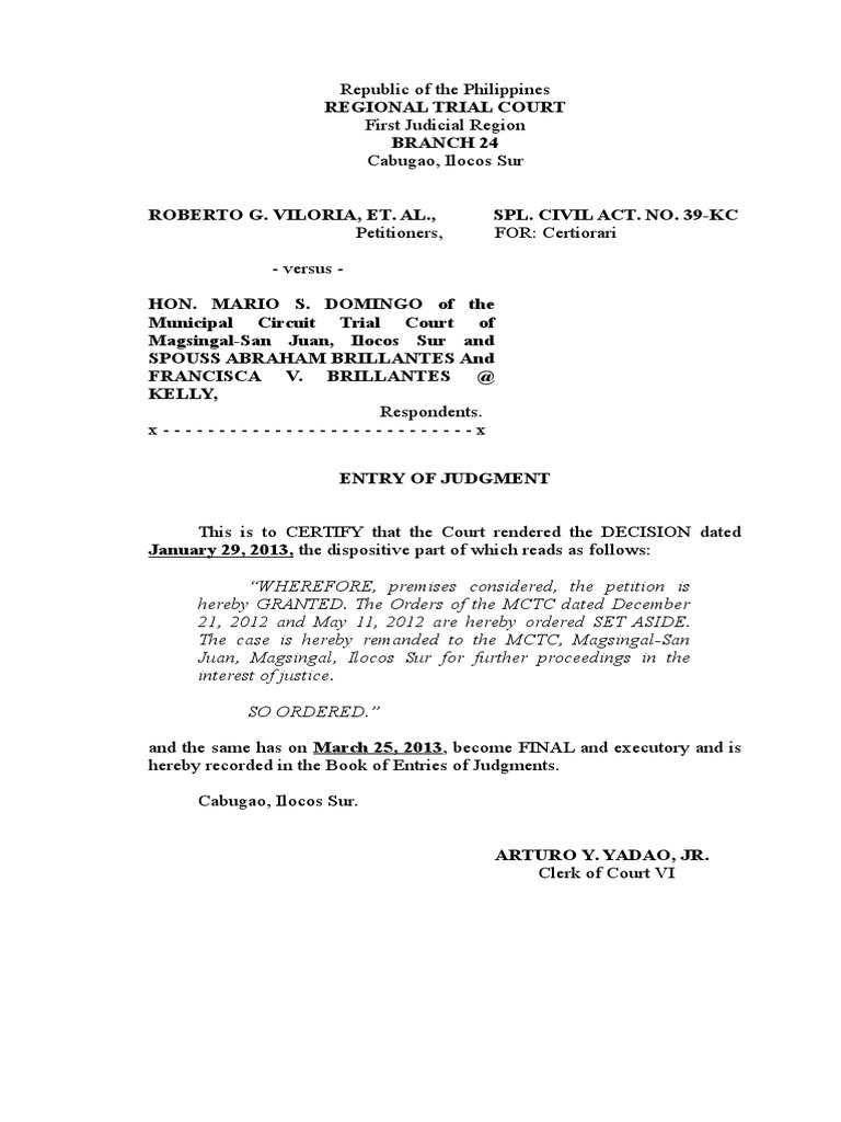 Entries of Judgment - Regional Trial Court | PDF | Lawsuit | Judgment (Law)