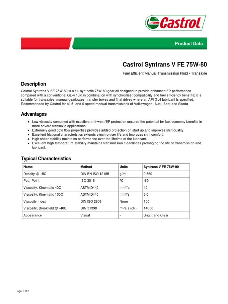 CASTROL-Syntrans-V-FE-75W-80.pdf | Viscosity | Mechanical Engineering