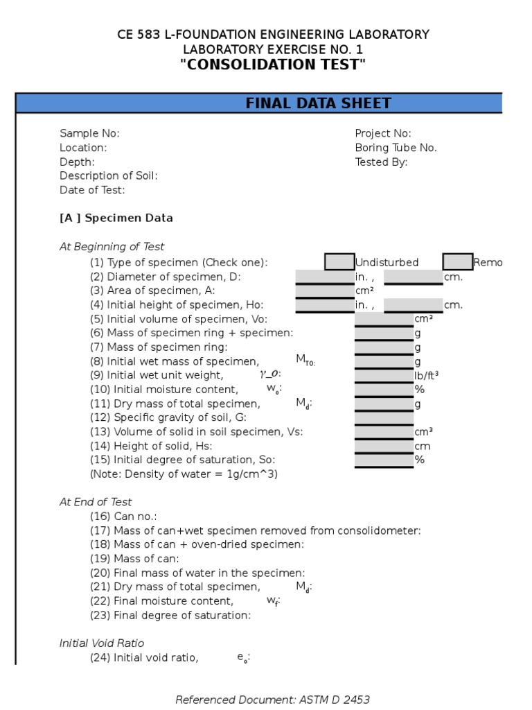 "Consolidation Test" Final Data Sheet: Ce 583 L-Foundation Engineering ...