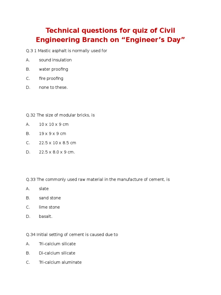 Technical Questions For Quiz of Civil Engineering Branch On "Engineer's ...