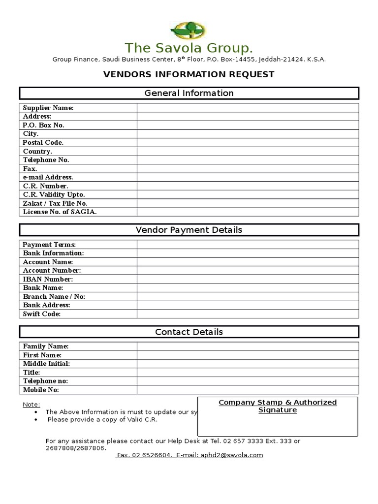 Savola Vendor Information Request Form | PDF | Business | Finance ...