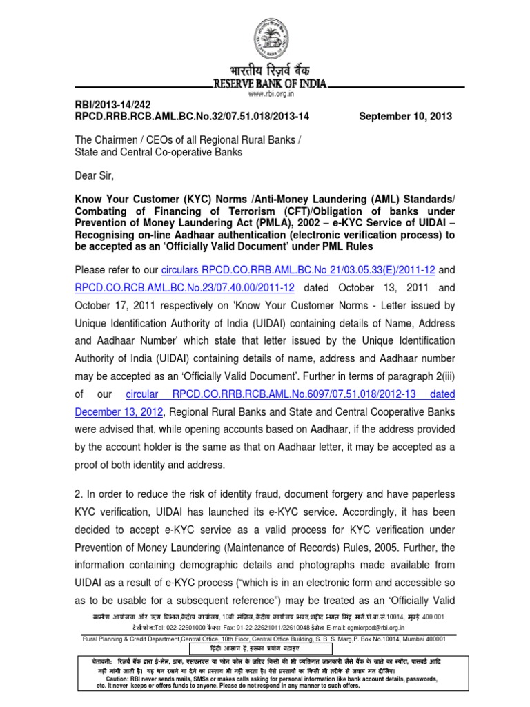 RBI Circular E-KYC | PDF | Money Laundering | Biometrics