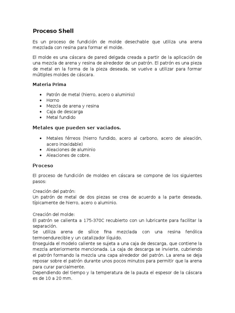 Moldeo Shell | PDF | Fundición (metalurgia) | Fundición