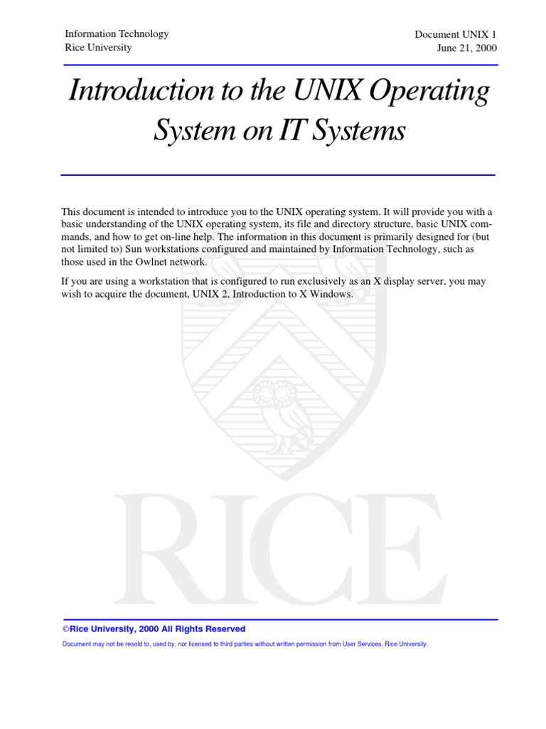 Introduction To The Unix Operating System On It Systems Rice University 2000 All Rights