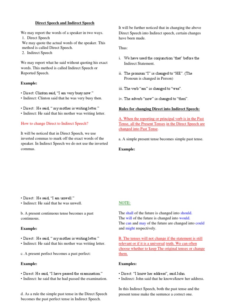 Direct Indirect Speech Pdf Verb Language Mechanics