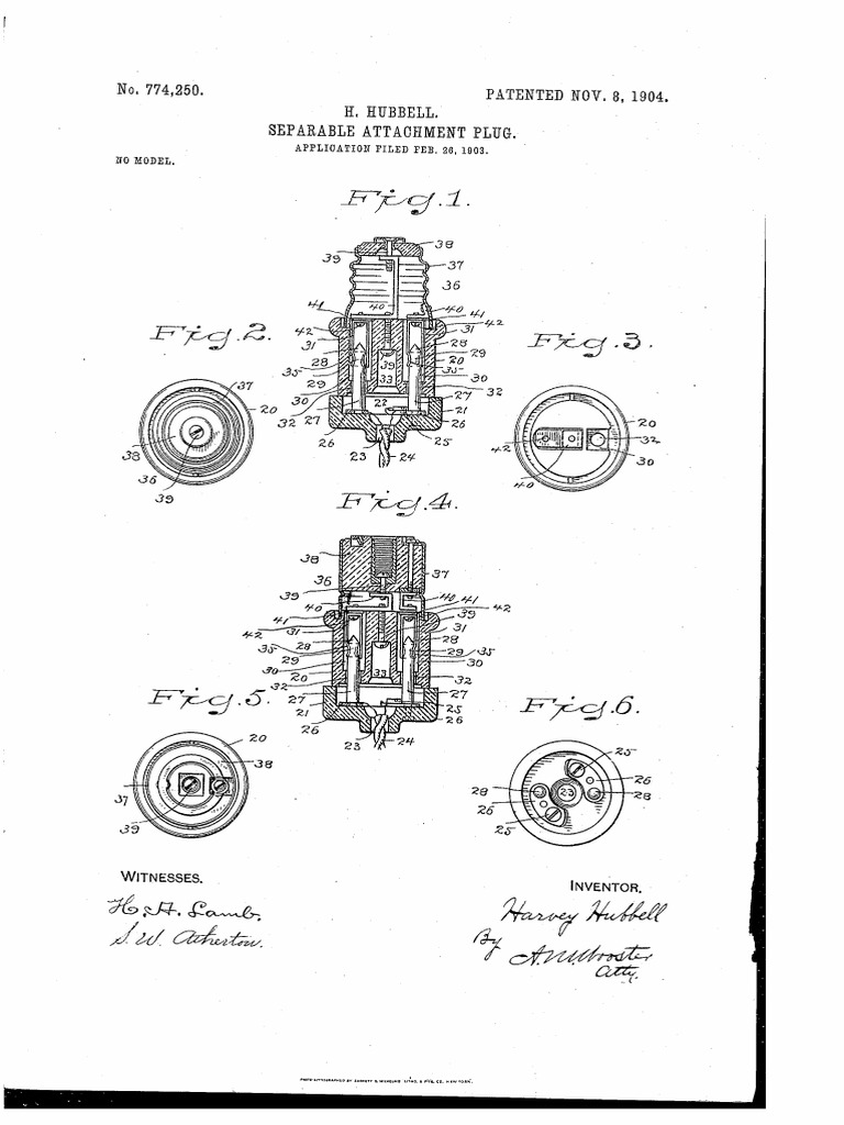 Harvey Hubbell's 1904 Patent for a Separable Attachment Plug | PDF ...