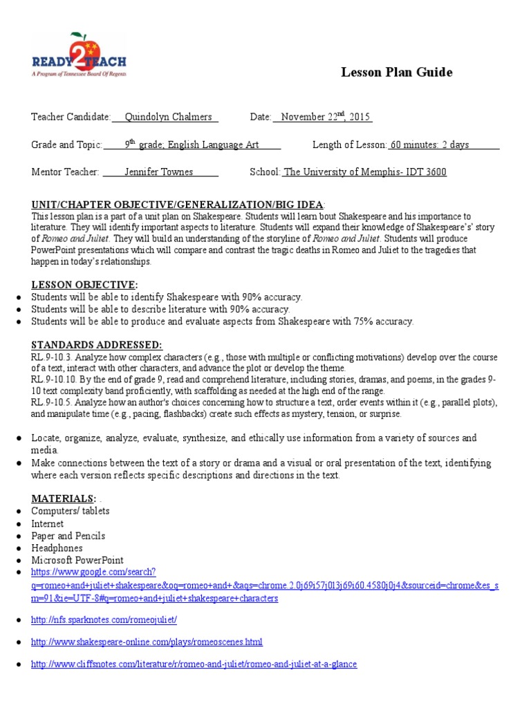 Edtpa Lesson Plan November | PDF | William Shakespeare | Lesson Plan