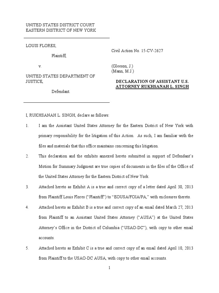 2015-11-23 DOJ MSJ (5) Declaration Rukhsanah Singh - USAO (Flores V DOJ ...