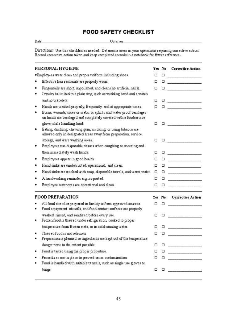 Food Safety Checklist: Personal Hygiene | PDF | Kitchen Utensil ...