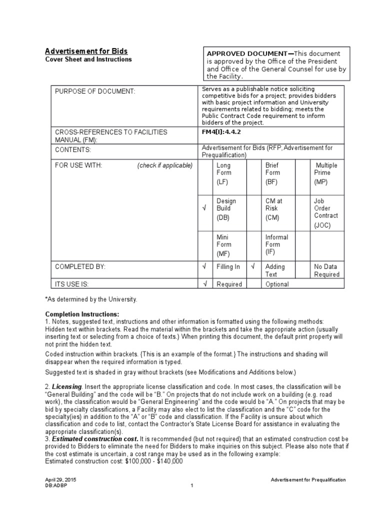 Advertisement For Bids: Cover Sheet and Instructions APPROVED DOCUMENT ...