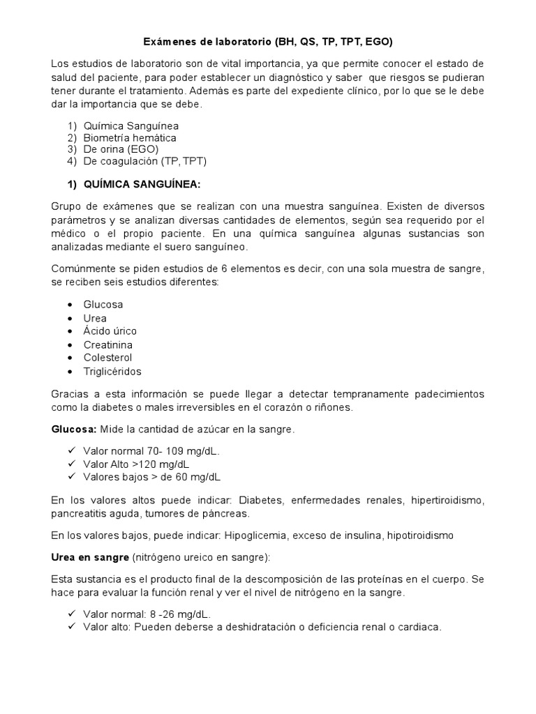 Exámenes de Laboratorio: BH, QS, EGO | PDF | Orina | Sangre