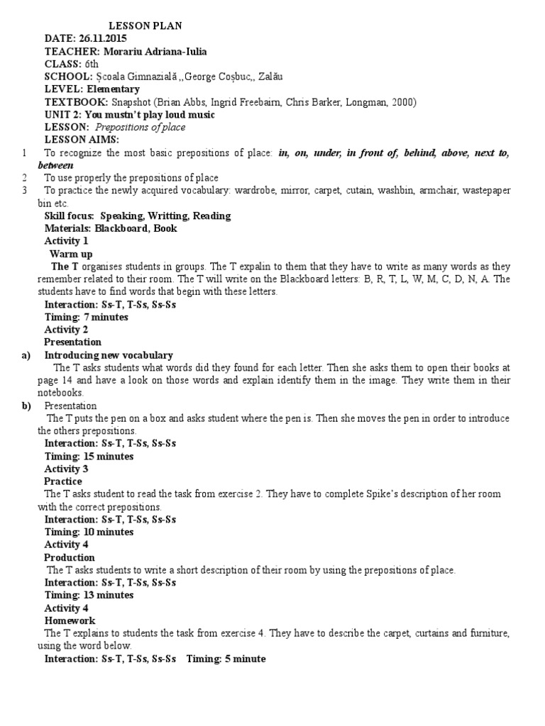 Prepositions of Place Lesson Plan | PDF | Language Arts & Discipline