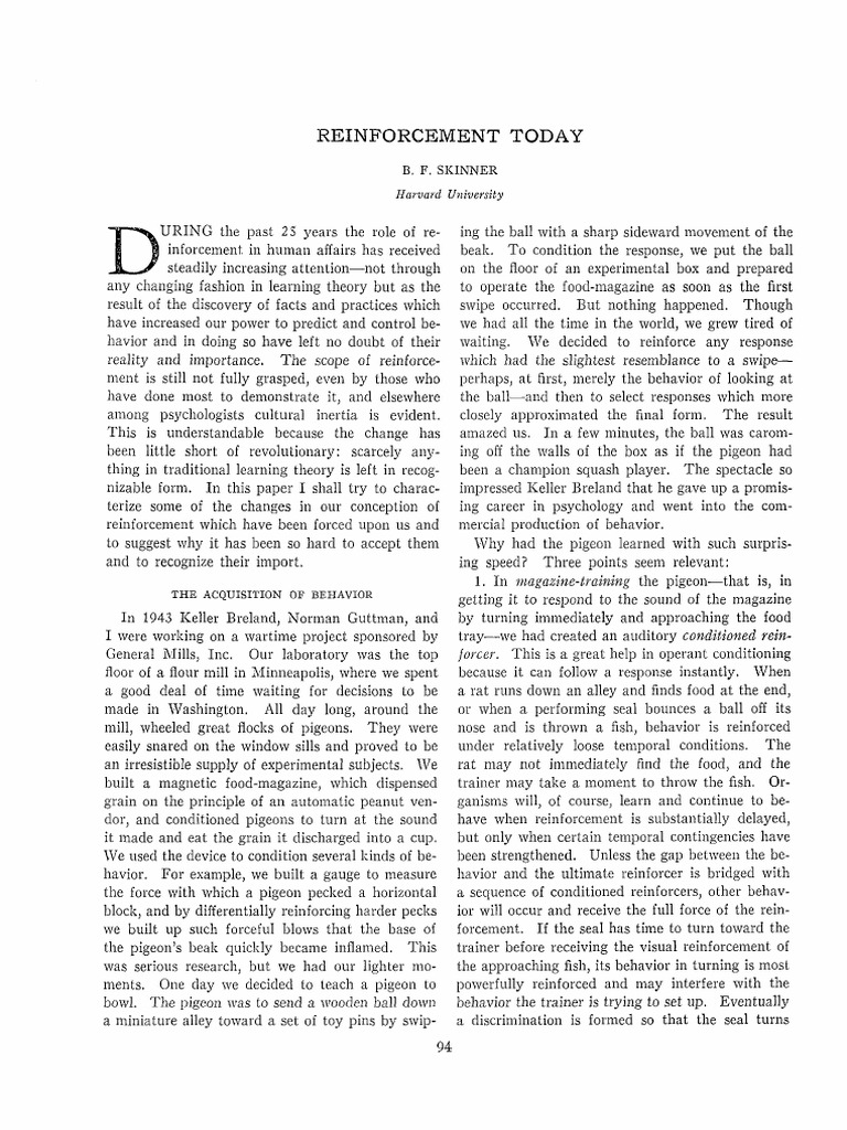 Skinner Reinforcement Today | PDF | Reinforcement | Psychoanalysis