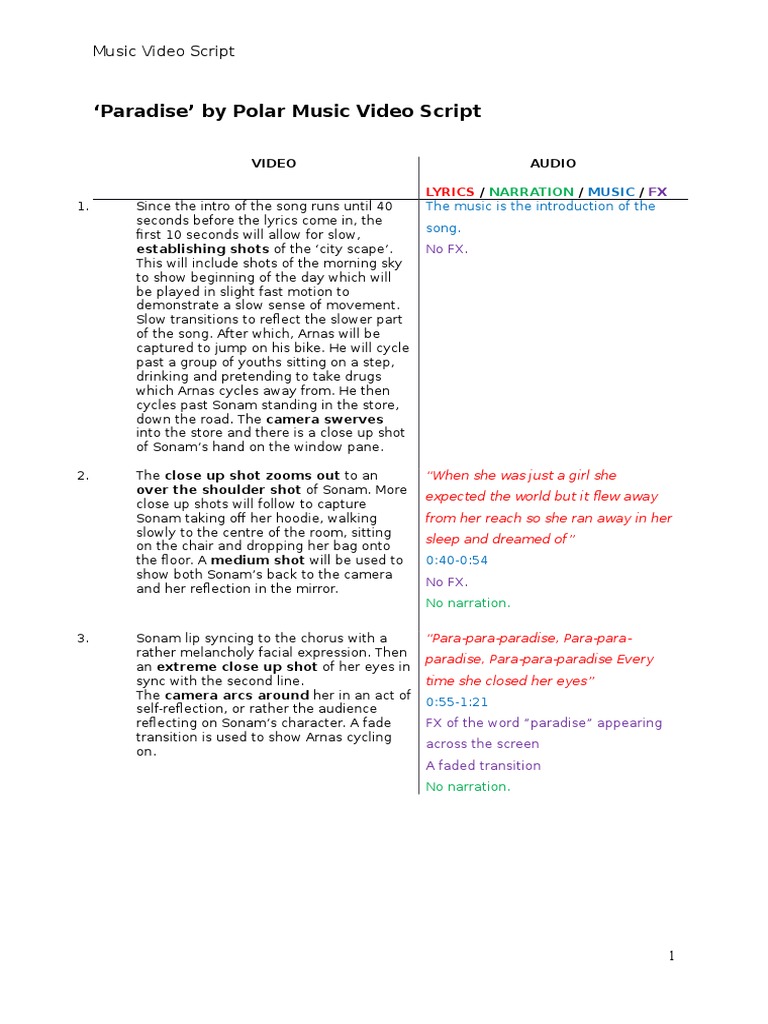 Music Video Script Draft | PDF | Camera