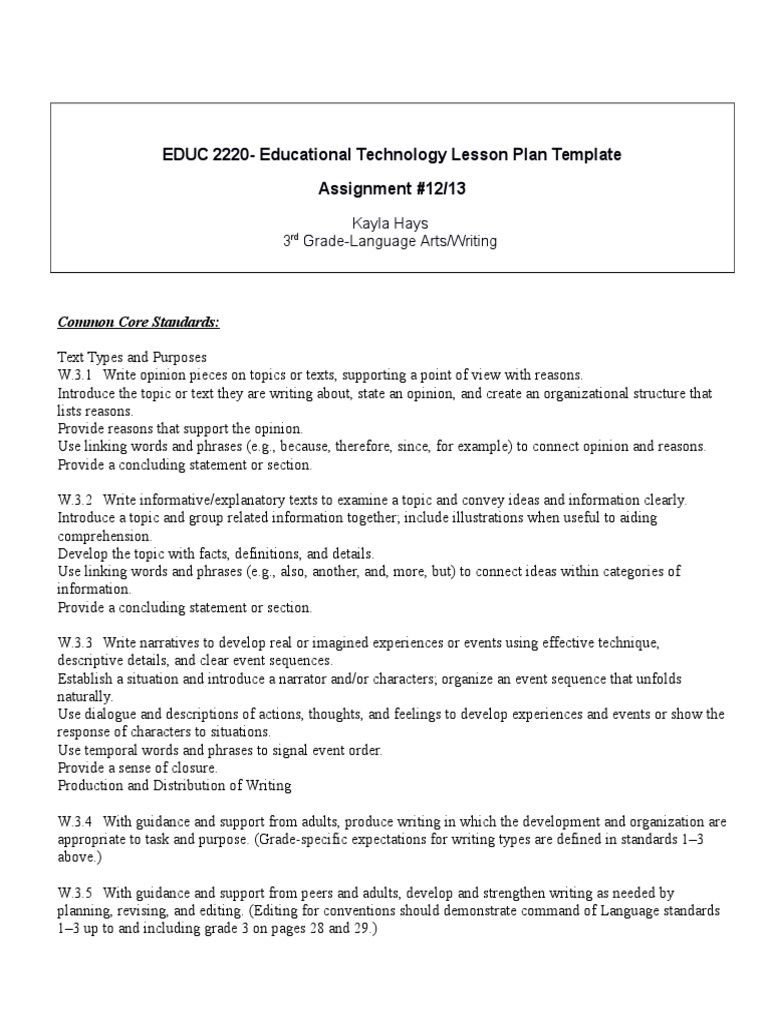 EDUC 2220-Educational Technology Lesson Plan Template Assignment #12/13 | PDF | Cognition ...