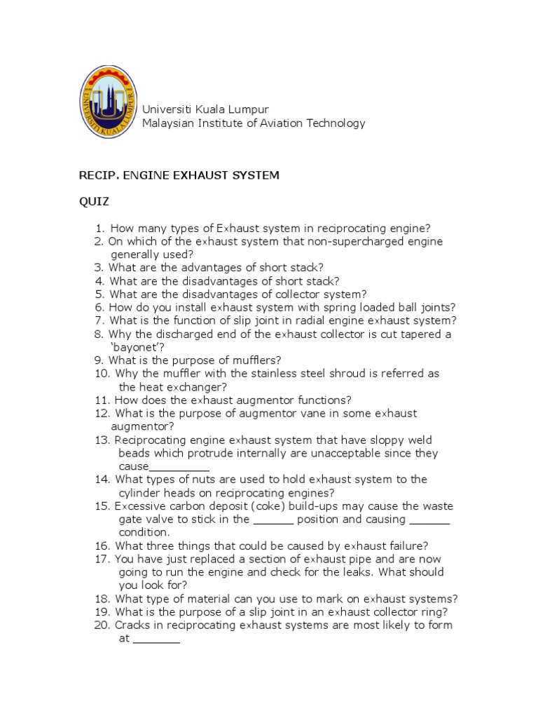 Reciprocating Engine Exhaust System Quiz | PDF