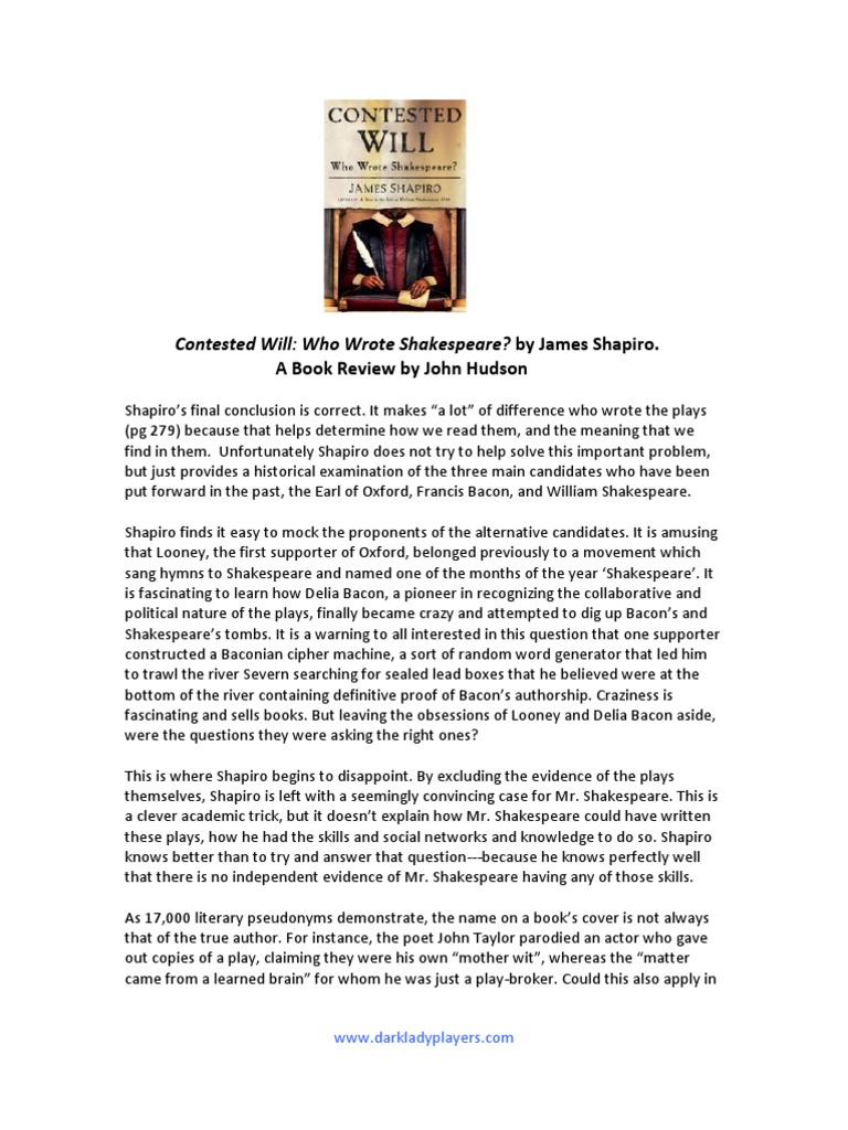 Shapiro's Contested Will: Who Wrote Shakespeare? | PDF | Shakespeare ...