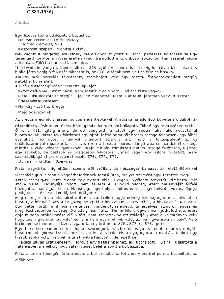 Kosztolányi Dezső: A Kulcs | PDF