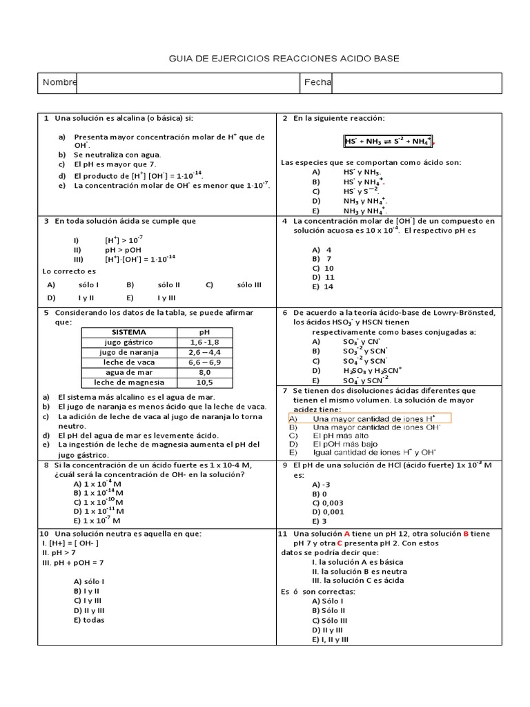 Guia de Ejercicios Acido Base PDF | PDF | Ph | Ácido