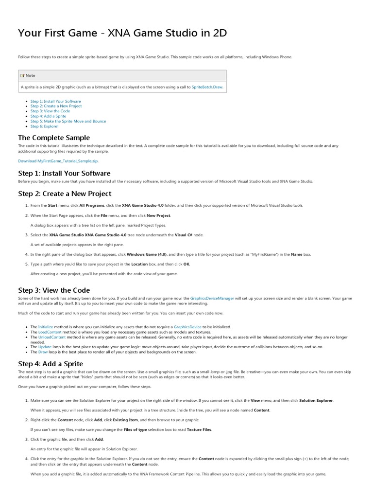 Your First Game - XNA Game Studio in 2D | PDF | Microsoft Visual Studio ...