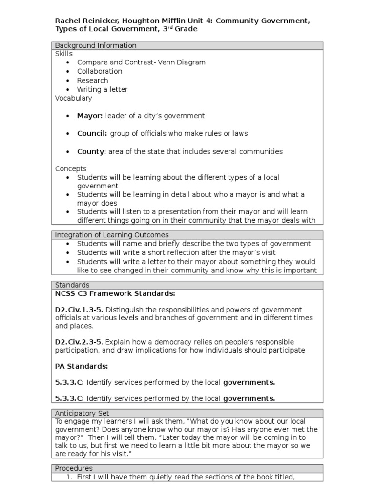Local Government Lesson Plan for 3rd Grade | PDF | Educational ...