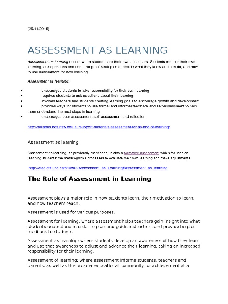 The Role of Assessment as Learning in the Classroom: Encouraging ...