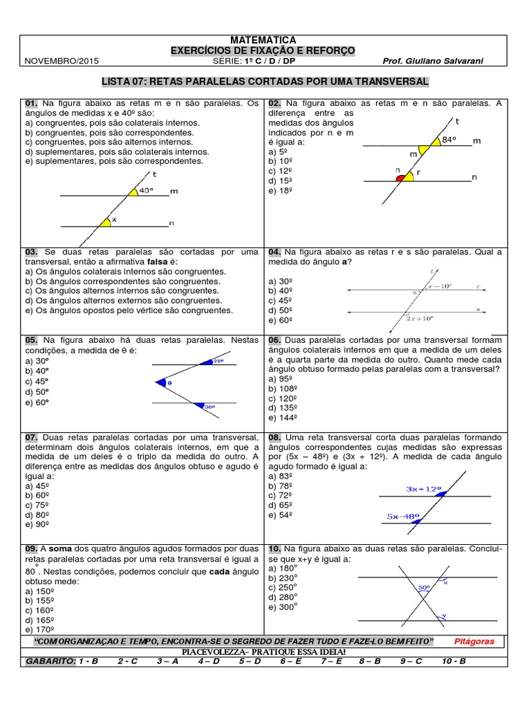 Lista 07 - Primeiros Anos - Retas Paralelas Cortadas Por Transversal ...