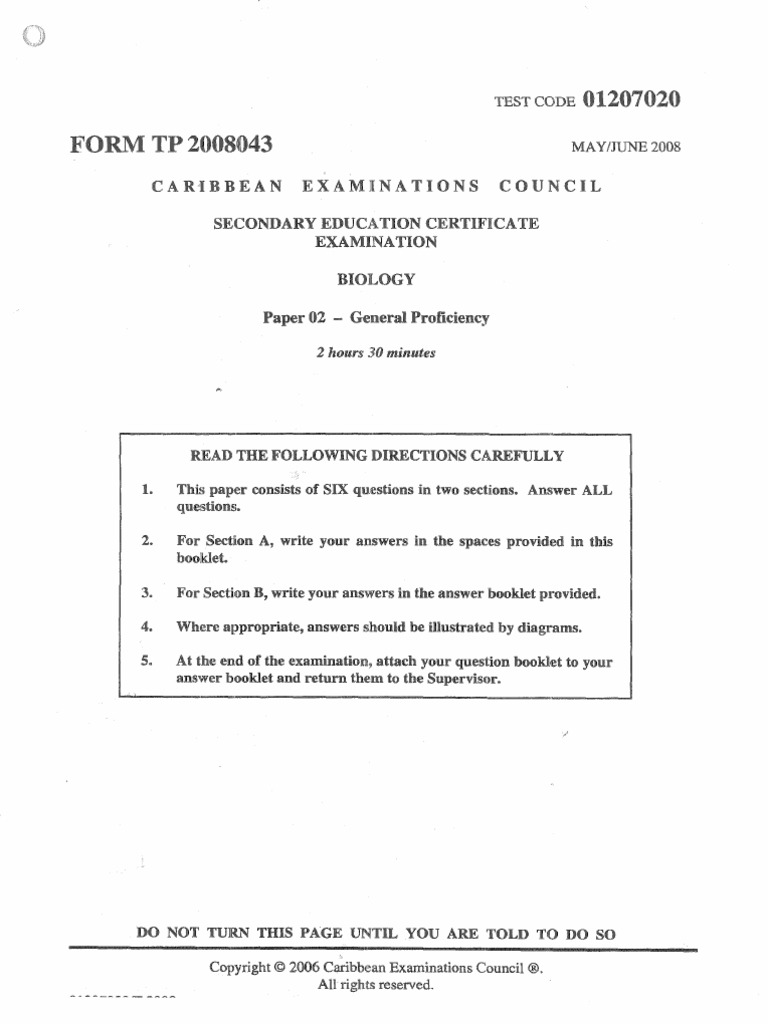 CSEC Biology 2008 Paper 2 | PDF