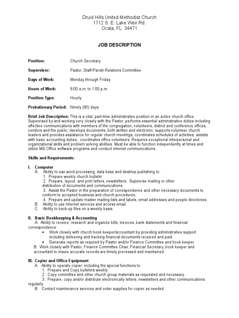 Church Secretary - Job Description | PDF | Mail | Bookkeeping