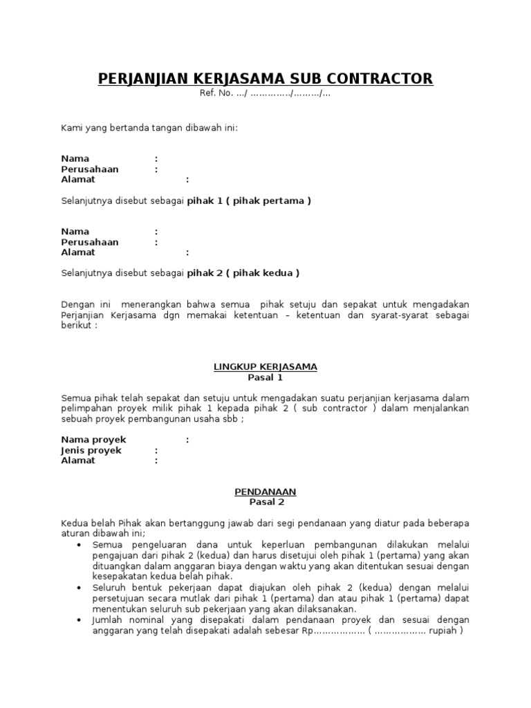 Contoh Surat Perjanjian Subkontrakor Dengan Kontraktor | PDF | Hukum