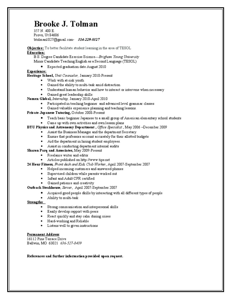 Tesol Resume | PDF | Career & Growth | Wellness