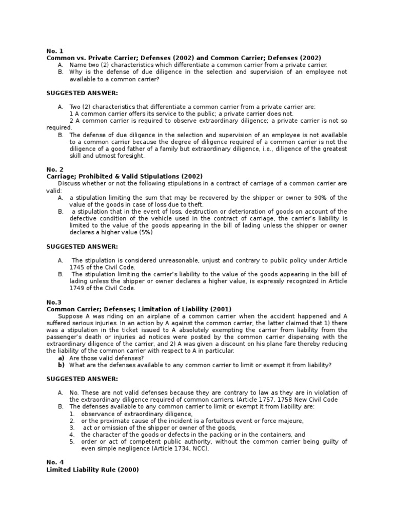 Transpo Bar Qs | PDF | Negligence | Common Carrier