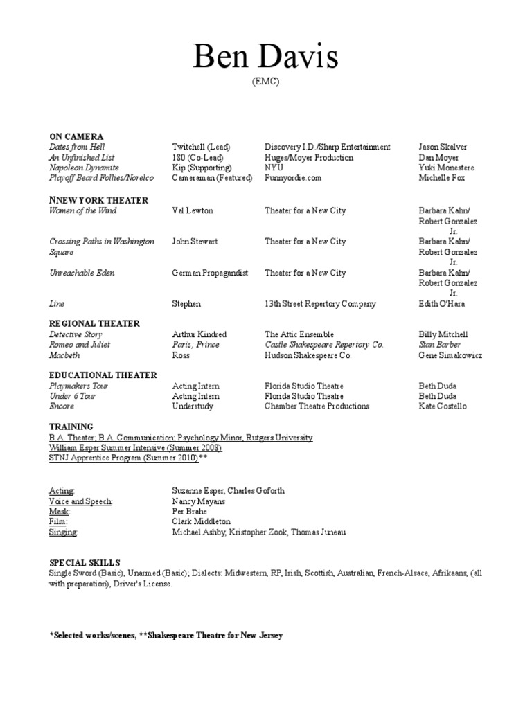 Ben Davis: Actor Resume Highlights | PDF